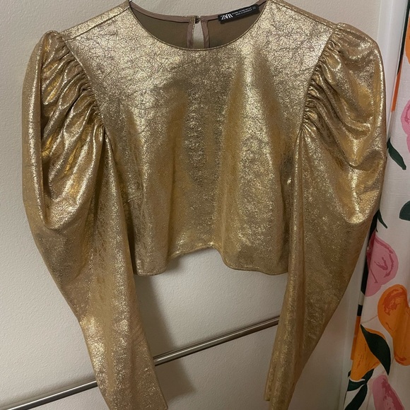 Zara | Tops | Zara Gold Dramatic Puff Sleeve Metallic Top | Poshmark